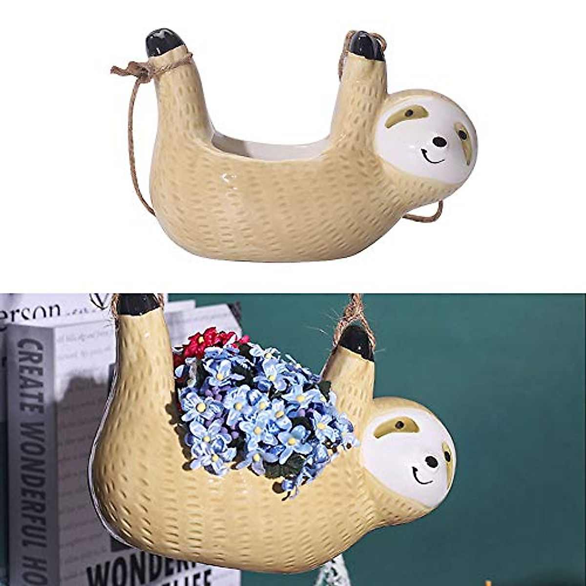 YHNJI Ceramic Sloth Hanging Planter Set of 2 Cute Flower Pot Planter Holder Adorable Plant Pots Hanging Bonsai Planter for Succulent Plants Home Decor