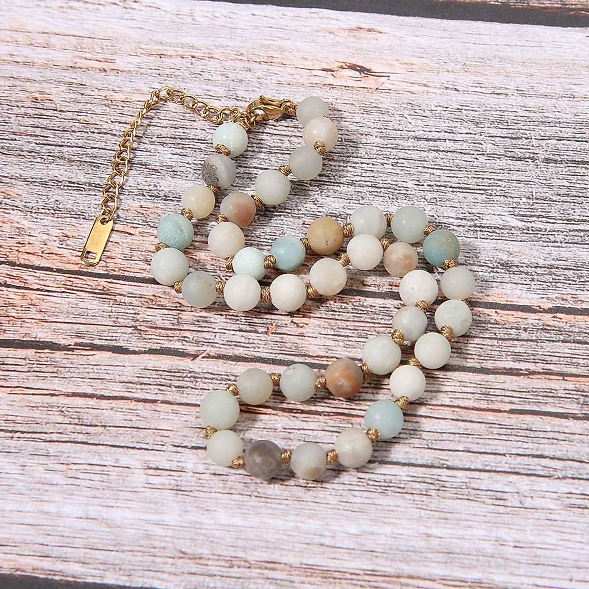 BALIBALI Semi Precious Stone Beaded Choker Necklace 14K Gold Plated Natural Stone Double Strand Necklace Layered Short Necklaces