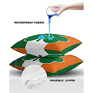 Vandarllin Outdoor Throw Pillows Covers 18X18 Set of 2 Waterproof Irish Flag Printed with Green Clover Leaf Decorative Zippered Lumbar Cushion Covers for Patio Furniture,