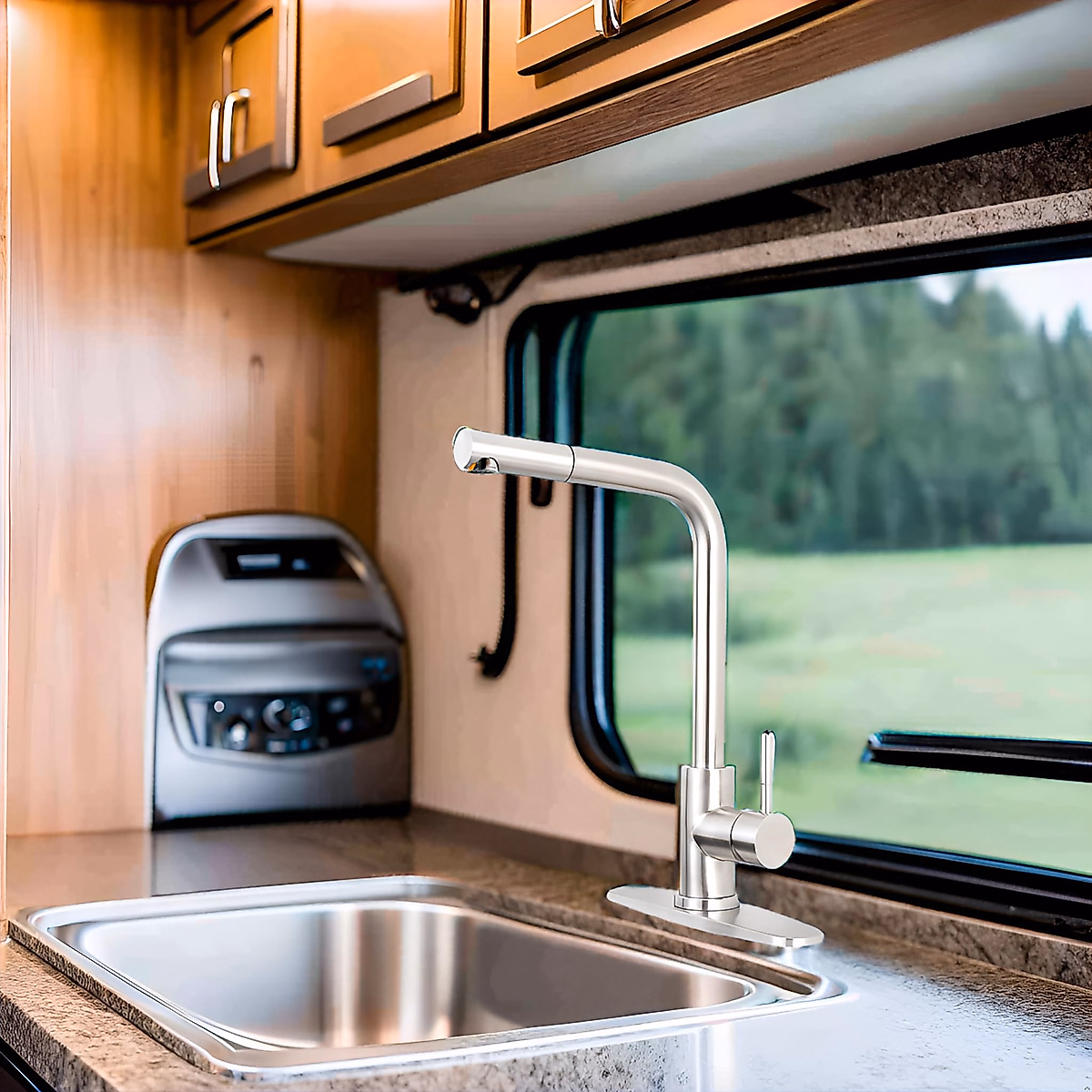 TRYWELL Kitchen Faucets with Pull Down Sprayer Stainless Steel Kitchen Sink Single Handle Utility Faucet Modern Brushed Nickel Faucet and Deck Plate for Kitchen Bar Camper RV