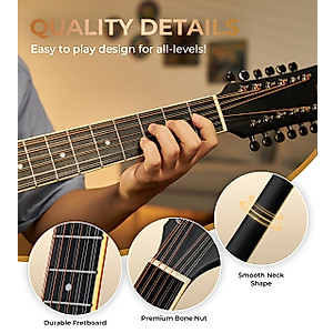 Vangoa 12 String Guitar Acoustic Electric, Upgraded Guitar 12 Strings Bundle for Beginner Intermediate Adults Teens, Guitarra de 12 Cuerdas, Spruce Top Bone Nut, Black, Matte