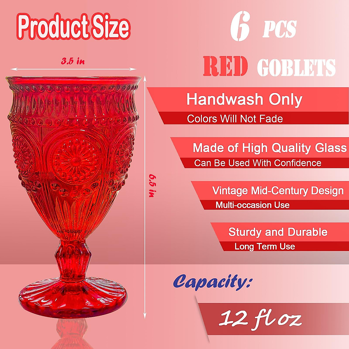 Veiuwa 6 PCS Christmas Wine Glasses,Christmas Glasses Drinkware,Christmas Drinking Glasses,Red Goblet Glasses,Christmas Glassware,Deep Red Designs Blend Better With the Christmas Table Setting.