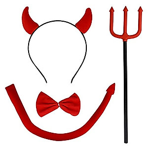 Jmkcoz Halloween Devil Costume Set Devil Horn Headband Red Devil Tail Bowtie Devil Red Pitchfork Demon Cosplay Hair Hoop Accessories for Carnival Themed Party Prop Costume Decoration