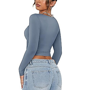 REORIA Womens Sexy Casual Scoop Neck Long Sleeve Double Lined T Shirts Fall Fashion Basic Cute Y2K Trendy Fitted Shirts Crop Tops Dove Blue Small