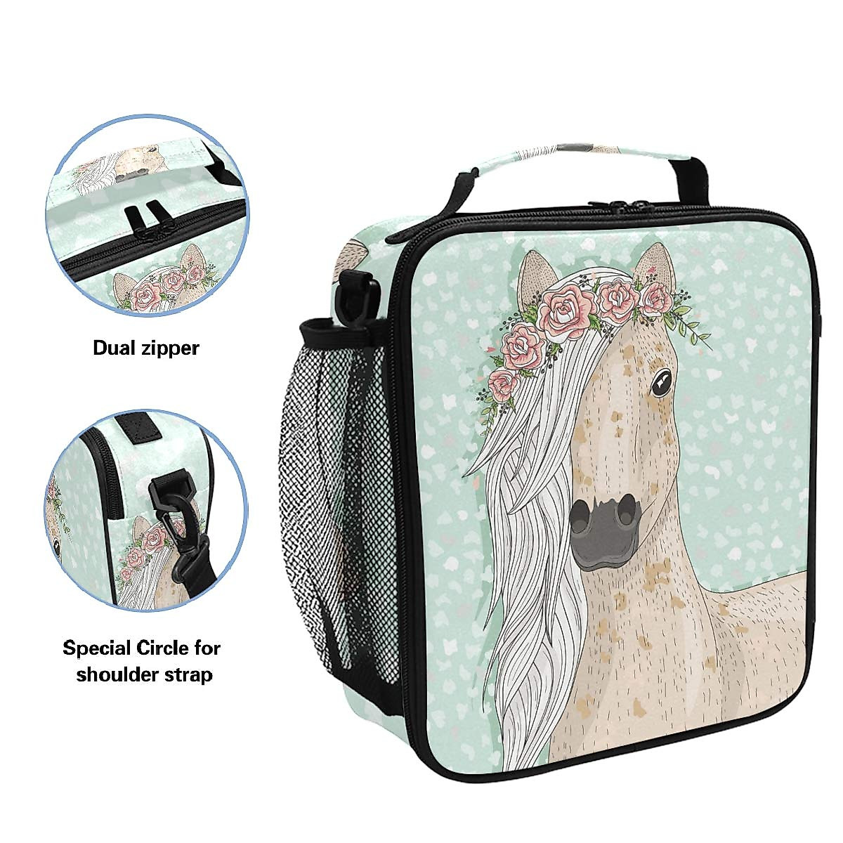 Pfrewn Cute Horse Lunch Box Unicorn Animals Flowers Fairytale Insulated Lunch Bag Reusable Cooler Meal Prep Bags Lunch Tote with Shoulder Strap for Office Adults School Kids Girls Teens