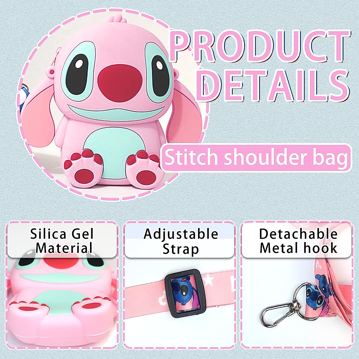 Stitch Crossbody Bag with Adjustable Shoulder Strap,ANEIMIAH Lilo and Stitch Birthday Gifts for Girls Women Kawaii Purse Cute Pink Silicone Mini Anime Stich Coin Wallet Stich Cartoon Bag