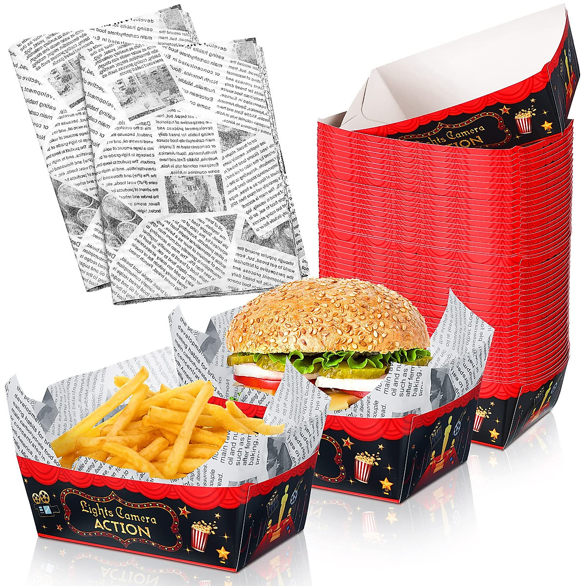 100 Pcs Movie Night Party Supplies Carnival 2 lb 50 Movie Paper Food Tray Party Bowl with 50 Waxed Deli Paper for Movie Decorations Movie Serving Tray Snack Popcorn Holder Assembled(Movie Style)