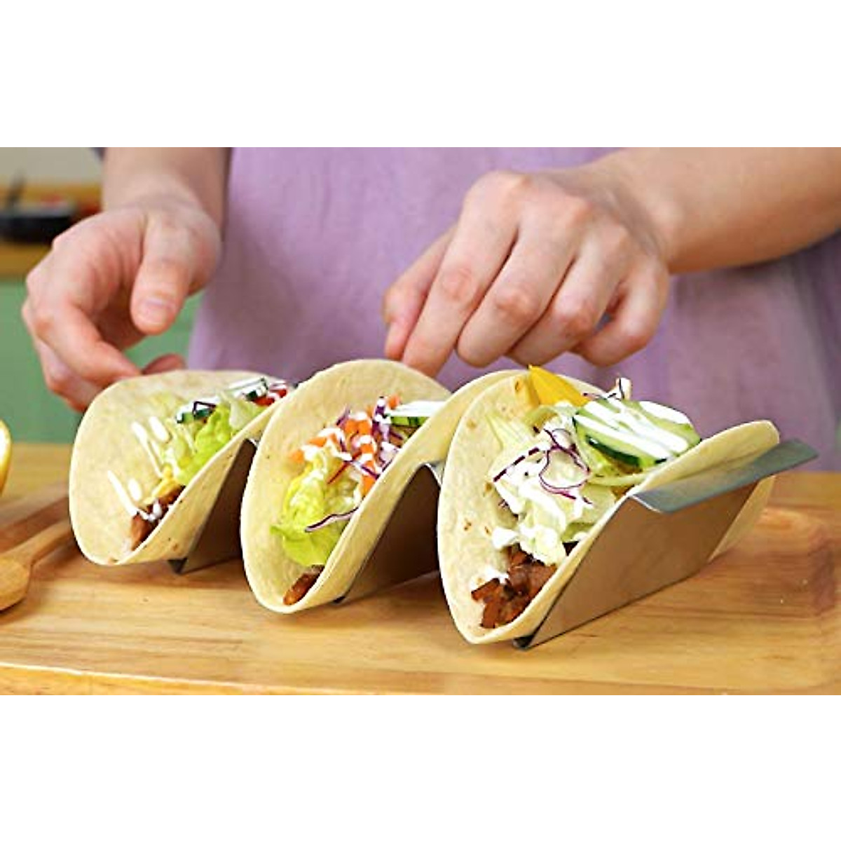 Taco Holders Stainless Steel Set of 4, Oven&Grill&Dishwasher Safe, Taco Accessories for Taco Tuesday Party, Easy-To-Hold Handle, Smooth Edge for Safe Use