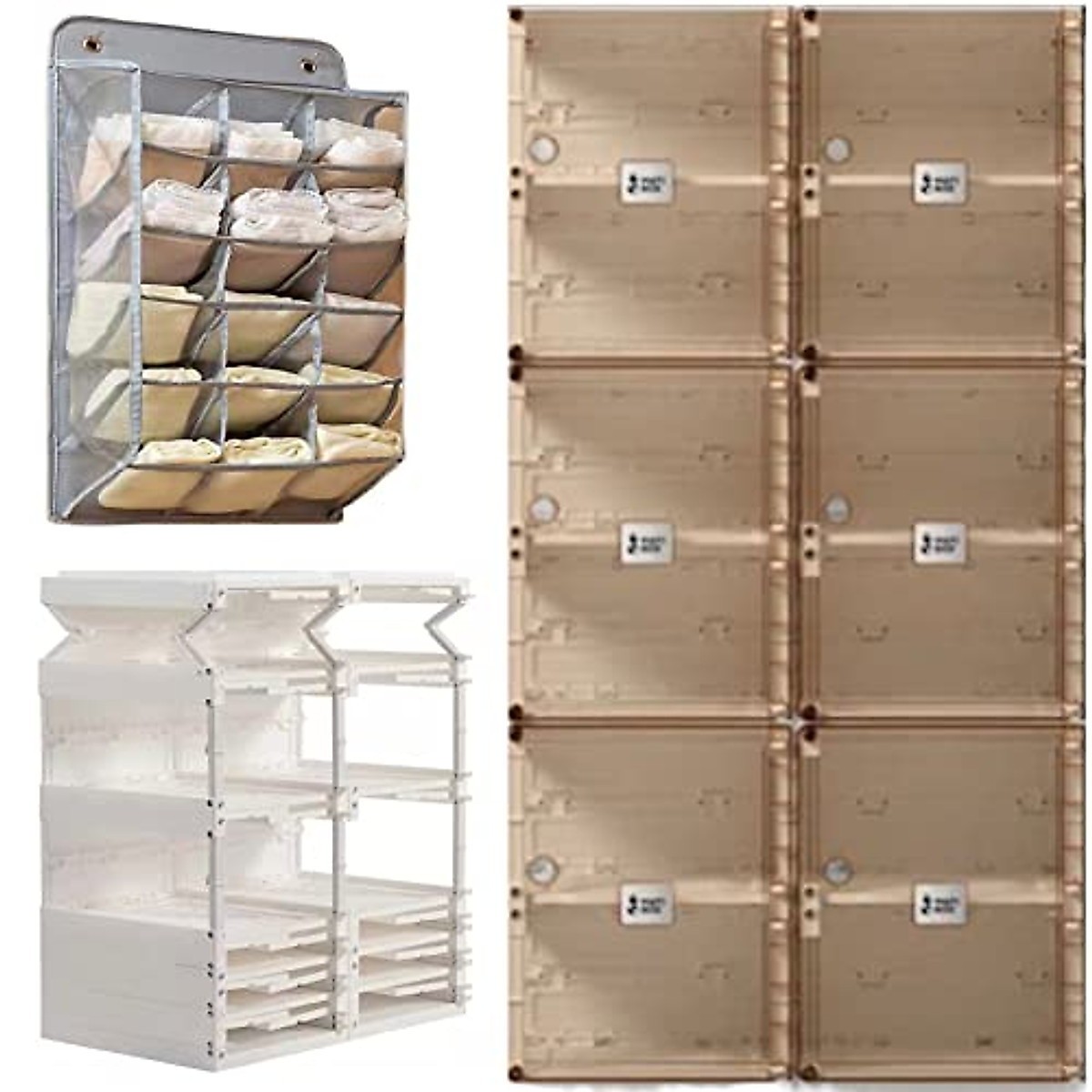 Foldable Shoe Rack Cabinet Organizer with Pocket and Storage, Portable Shoe Rack for Entry Way, Shoe Boxes, Fast Easy Assemble Shoe Cabinet, One Piece Sturdy Plastic Shelf, Clear Brown Doors, 6 Tiers