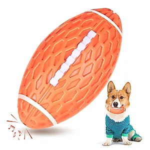 AUSCAT Dog Chew Squeaky Toy Ball, Dog Toy for Aggressive Chewers, Rugby Shape Rubber Chew Ball with Squeaker, Interactive Dog Ball for Fetch Game and Outdoor Play, Orange