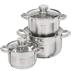 Daniks Standard Stainless Steel Kitchen Induction Pot Cookware Set | 6-Piece | Dishwasher Safe Pots | 2 Quart + 3 Quart + 4 Quart | Measuring Scale | Silver