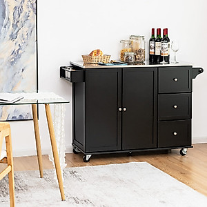 GORELAX Kitchen Island on Wheels with Stainless Steel Top, Rolling Kitchen Cart with Storage Drawers & Cabinet, Lockable Butcher Block Island w/Towel & Spice Rack for Dining Room (Black)