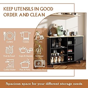 QAQA 48" Kitchen Island Cart Furniture cart on Wheels with Storage，Rolling Portable Dining Room Serving Utility Carts Mobile Movable with Drawers Cabinet,Black