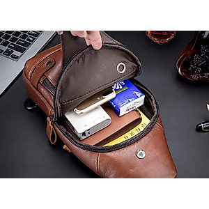 BULLCAPTAIN Mens Sling Bag Genuine Leather Chest Shoulder Bags with USB Charging Port Casual Crossbody Bag Travel Hiking Daypacks (brown)