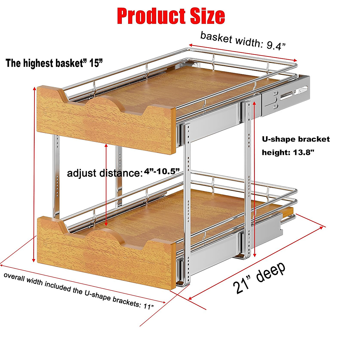 DINDON 2 Tier Pull Out Cabinet Organizer (11" W x 21" D) Slide Out Wood Shelf Organizers Double Tier Kitchen Wire Basket with Chrome Finish…