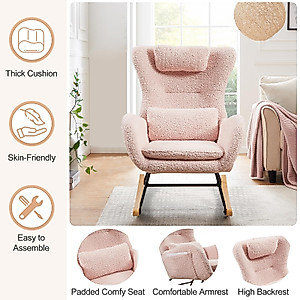 TMEOSK Small Rocking Chair Nursery, Modern Rocking Chair with Side Pockets and High Backrest, Comfy Accent Glider Chair with Headrest and Lumbar Pillow for Living Room, Bedroom (Pink)