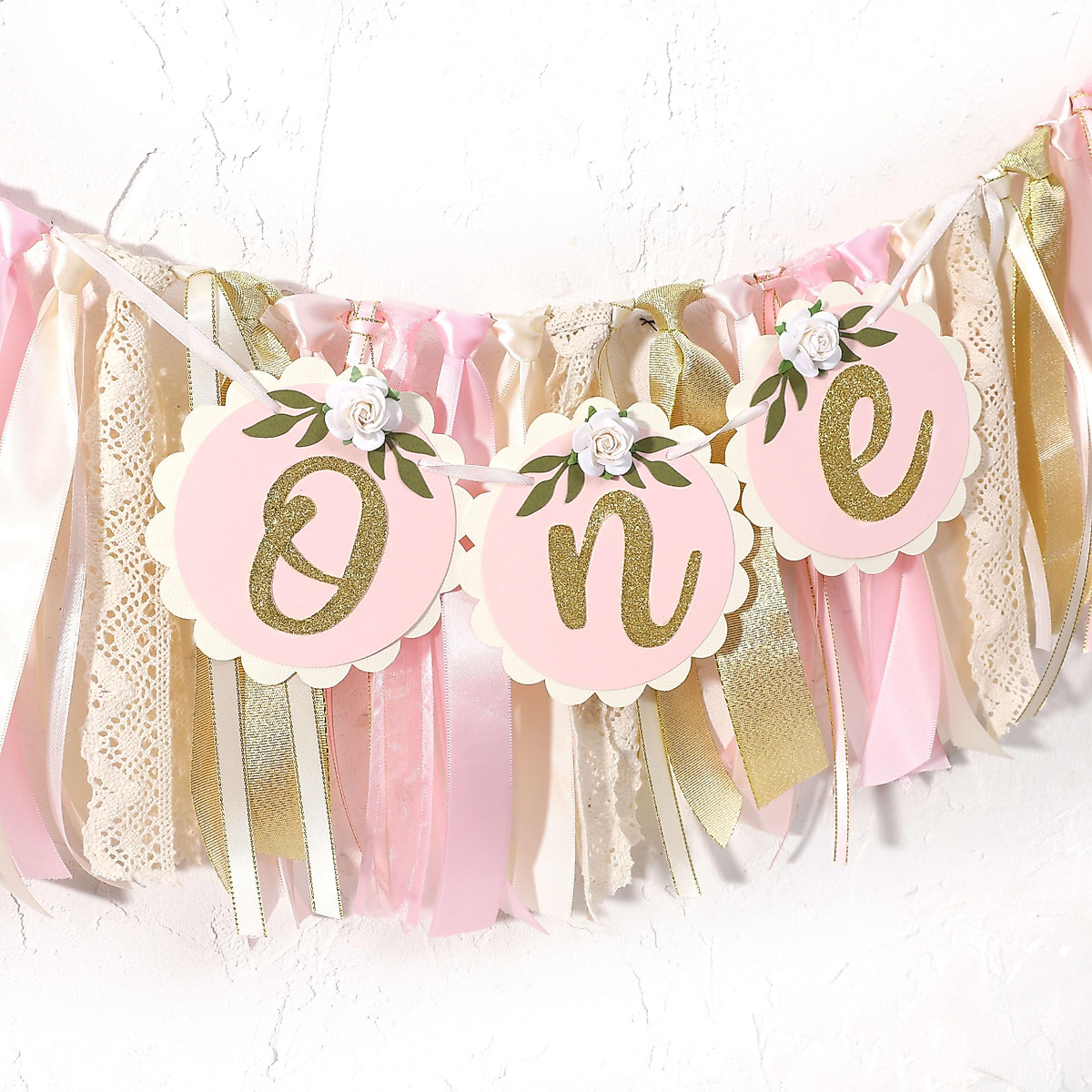 Pink Golden Floral High Chair Banner - Rose 1st Birthday Highchair Banner, Girls’ 1st Birthday Decoration, Pink First Birthday Decor, One High Chair Banner, 1st Birthday Party Decorations for Girls,