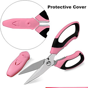 FTECYBO Scissors Heavy Duty 8'', Carpet Scissors, Multipurpose Scissors with Protective Cover, Stainless Steel Serrated Blades, Easy Cutting Cardboard, Leather, Fabric, Wires（PINK）