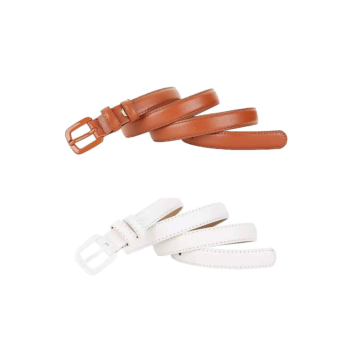Tronjori Womens Leather Belt Skinny Belts for Jeans Pants 2pcs pack(S,Brown White)