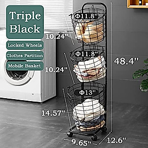 uyoyous Laundry Basket on Wheels 3 Tier Large Laundry Hampers 48.4x12.6x9.7 Inch Laundry Room Organization and Storage with Removable Wire Baskets Clothing Sorting Laundry Baskets