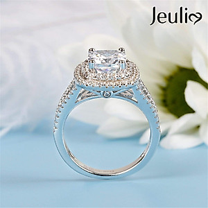 Jeulia Brilliant Diamond Band Rings for Women Halo Split Shank Cushion Cut 925 Sterling Silver Ring Wedding Engagement Anniversary Promise Ring Bridal Sets (8.0(U.S))