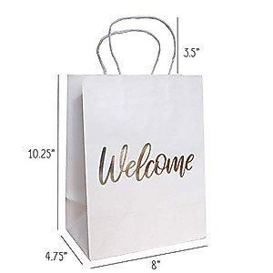Wedding Welcome Bags - 24 Piece Elegant Wedding Gift Bags with Word ‘’Welcome’’ Embossed in Gold Foil Letters - 4.75" x 8" x 10.25" Inches - White (Pack of 24)