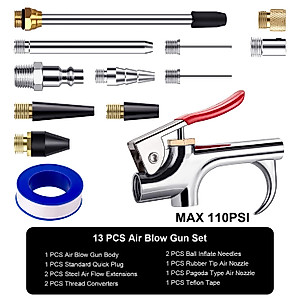 13 Pcs 2-Way Connection Air Nozzle Blow Gun Set, Air Nozzle Kit with 1/4 in Standard Quick Fitting and 8 Air Nozzles, Air Compressor Accessories for Air Inflation and Dedusting