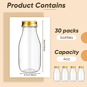 Roshtia 30 Pack 4oz 120ml Plastic Mini Milk Bottles Bulk Juice Shot Bottles with Lids Small Beverage Drink Containers for Restaurants Desserts Milk Iced Milkshakes Homemade (Gold)