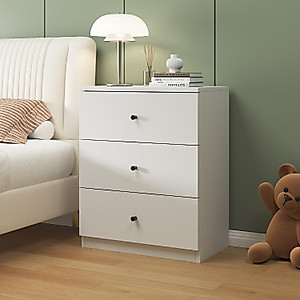 Modern 3 Drawer Dresser for Bedroom, Tall Nightstand with Conical Handles, Wood Chest of Drawers with Storage for Closet, Small Cabinet Bedside for Living Room, White
