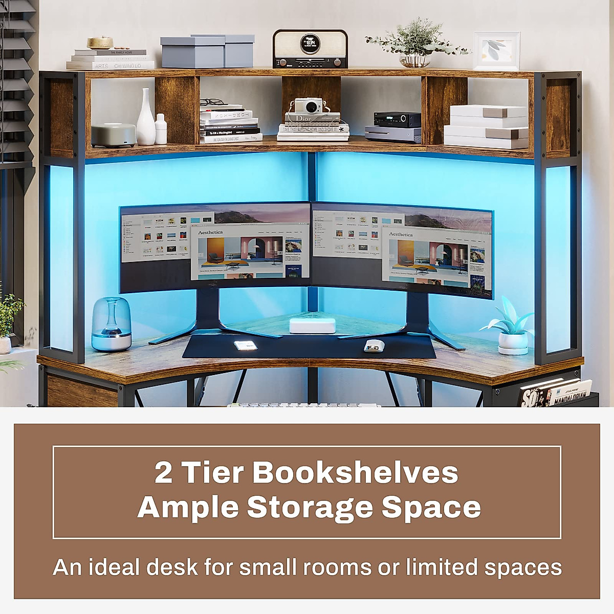 SEDETA Corner Desk, Small Computer Desk with Hutch & LED Lights, Triangle Corner Computer Desk with Keyboard Tray, Storage Bag, and Headphone Hook for Small Space, Small Office Desk, Rustic Brown