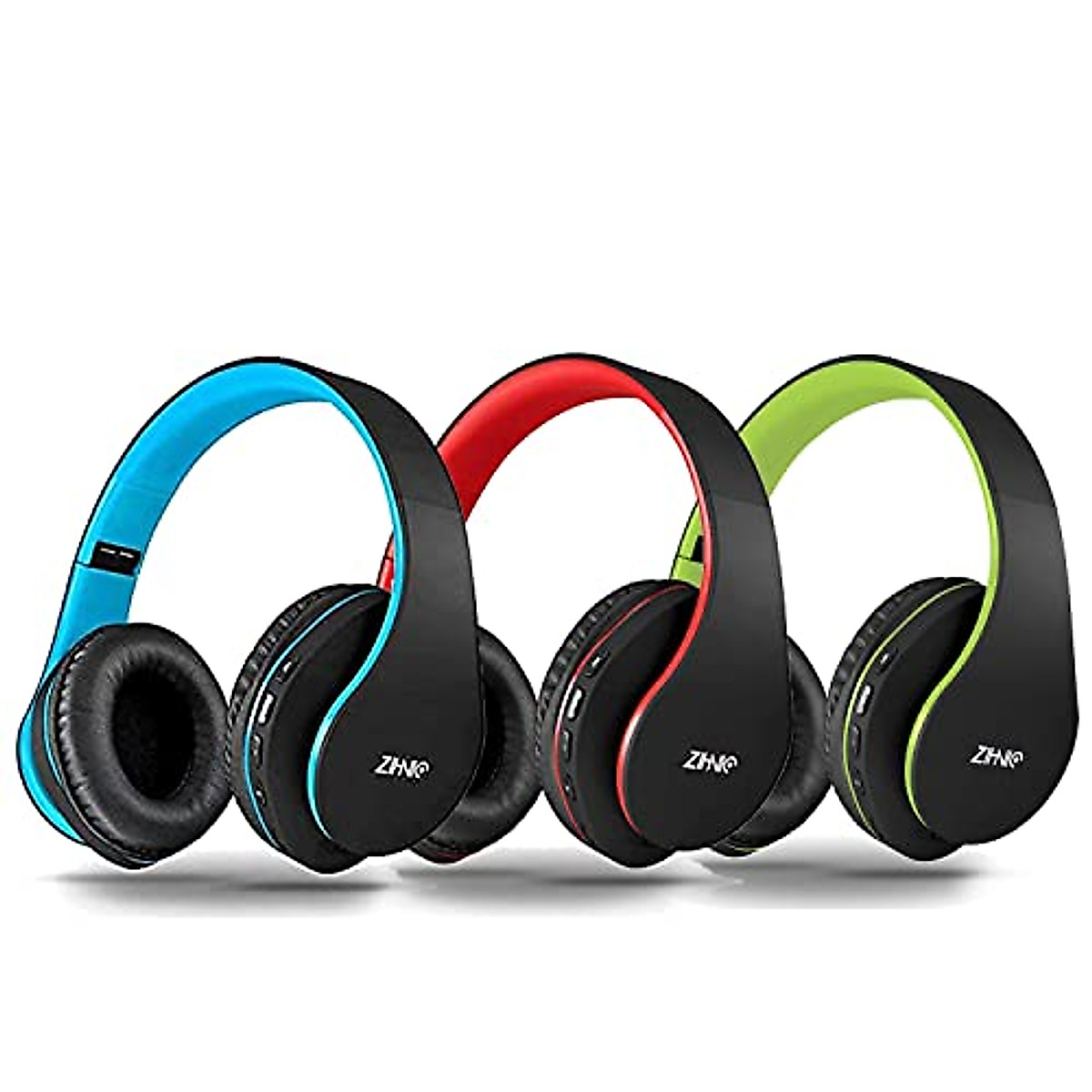ZIHNIC 3 Items,1 Black Blue Over-Ear Wireless Headset Bundle with 1 Black Red Over-Ear Wireless Headset and 1 Black Green Foldable Wireless Headset
