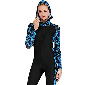 Akaeys Full Body Swim Dive Skin Suit Hooded One Piece Rash Guard for Women Blue