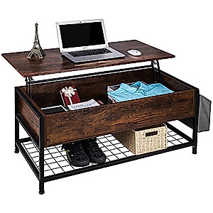 ErgoDesign Lift Top Coffee Table, 39.5" L Coffee Table with Storage Bag, Rising Tabletop Table with Hidden Compartment for Living Room Reception Room (Rustic Brown)