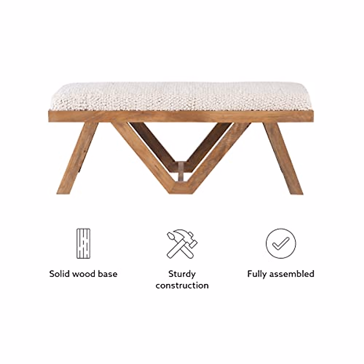 Powell Stained Mango Wood Boho White Berber Boucle Top Halco Bench, 19" Seat Height, Natural