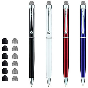 ChaoQ Stylus Pen, 4 Pcs Hybrid Mesh Fiber Tip Stylus Pens and Ballpoint Pens for Touch Screen Devices with 6 Extras Mesh Fiber Tips 6 Rubber Tips (4 Pens and 12 Tips) - Black, White, Red, Blue