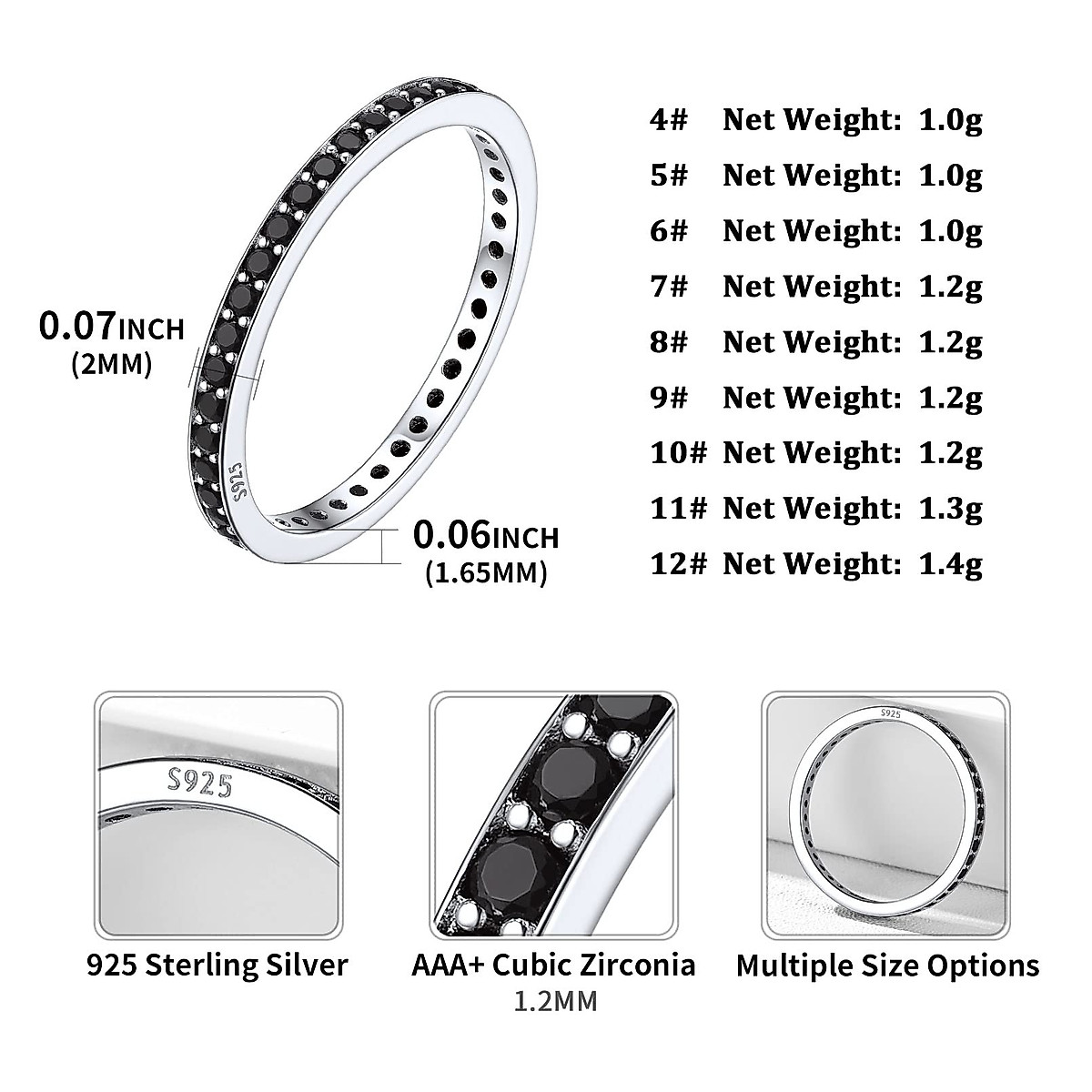 ChicSilver 2MM Thin Band CZ Eternity Ring 925 Sterling Silver Black Cubic Zirconia Engagement Wedding Ring for Women Size 5