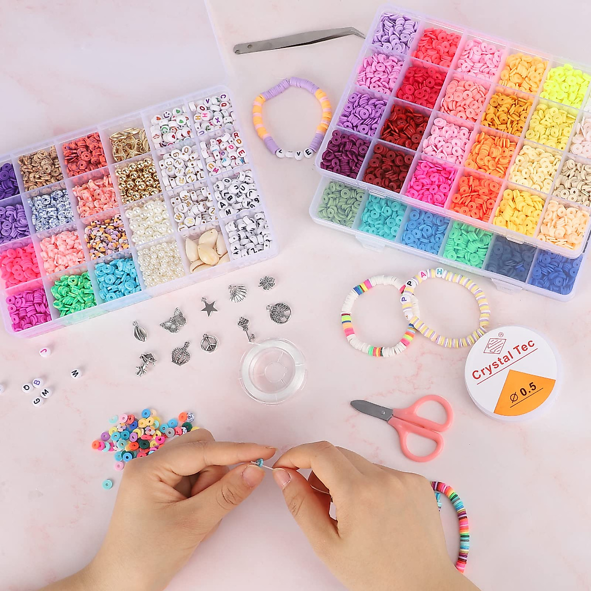QUEFE 13000pcs, 60 Colors, Clay Beads for Bracelet Making Kit, Flat Round Polymer Heishi Beads with Letter Beads for DIY Craft Gifts, Necklace Jewelry Making, Set for Girls 8-12
