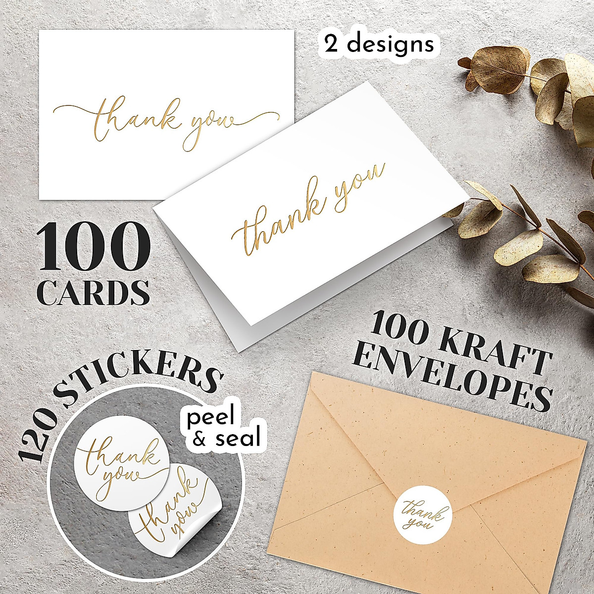 100 Pieces of White With Gold Thank You Cards, Two Thank You Notes Designs, 4x6 Inch Thank You Card, Elegant Thank You Cards Baby Shower, Thank You Cards With Envelopes Bulk with 120 Stickers, Free