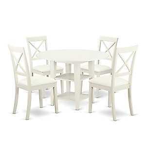 East West Furniture SUBO5-LWH-LC 5 Piece Dining Set Includes a Round Dining Table with Dropleaf & Shelves and 4 Faux Leather Kitchen Room Chairs, 42x42 Inch, Linen White