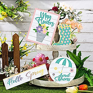 4 Pcs Hello Spring Home Wood Sign April Showers May Flowers Table Decor Signs Rain Shoes Umbrella Farmhouse Kitchen Table Decor Decorative Wooden Signs for Home Decor Spring Party Decorations