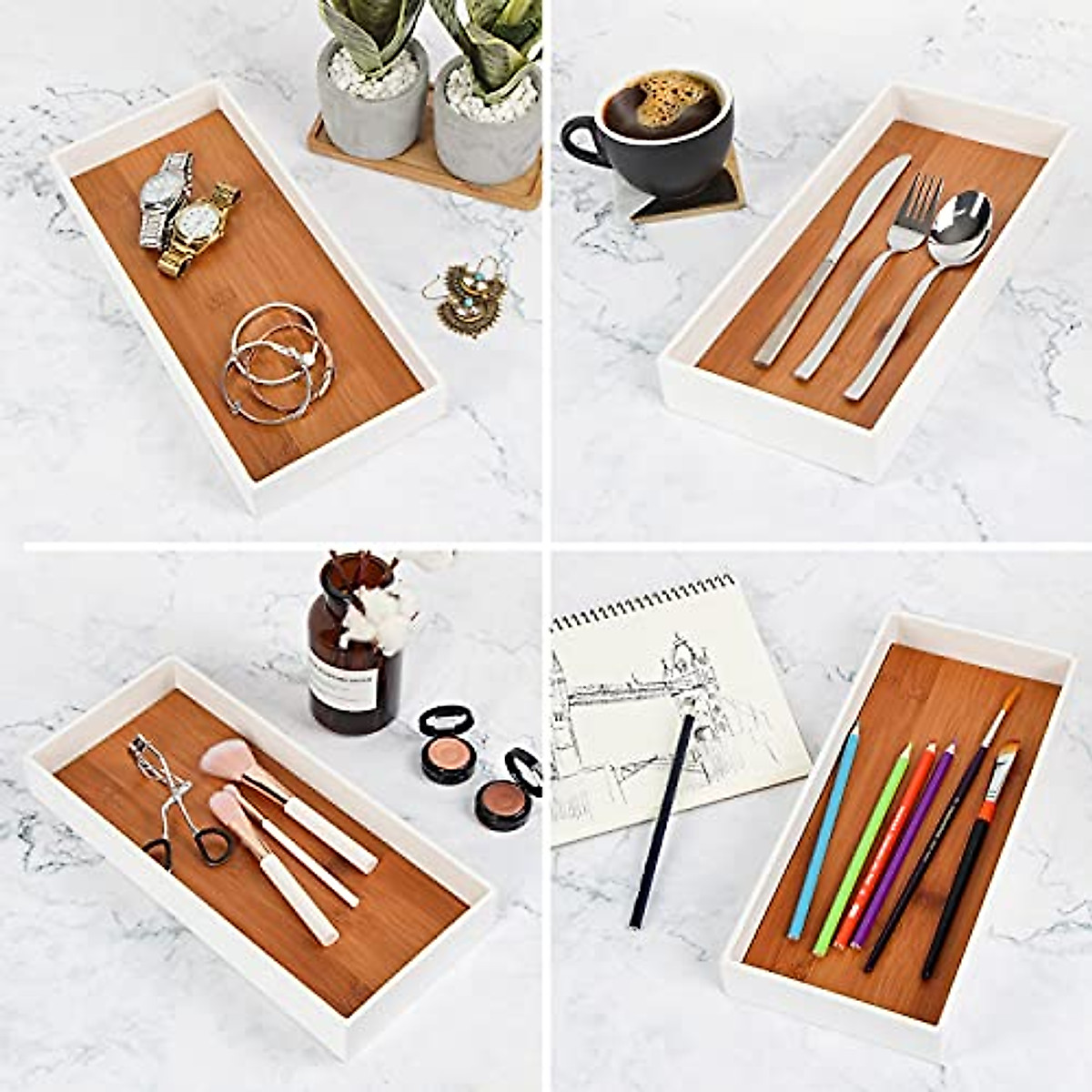 J JACKCUBE DESIGN Leather Bamboo Vanity Tray, Bathroom Organizer, Catch All Valet Tray for Women Perfume, Jewelry, Makeup, Candles, Key, Phone, Sunglasses (White)- MK205B