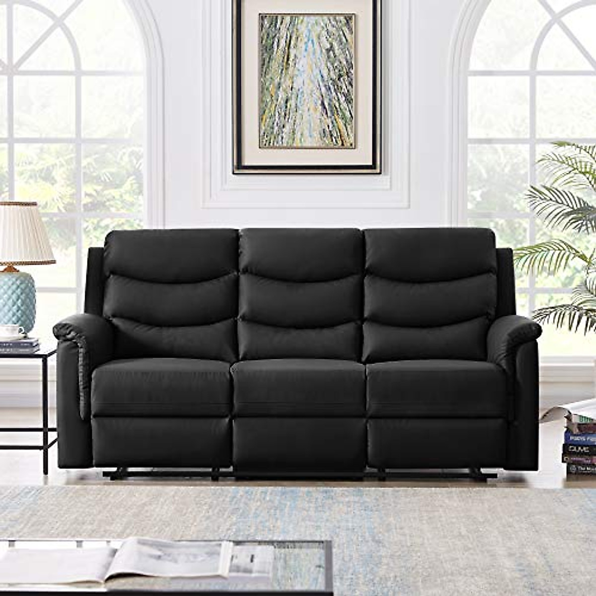 Faux Leather Manual Motion Reclining 3 Seaters Sectional Sofa Couch with 2 Cup Holders and Two Recliner Chaise ,PU Wall Hugger Sofa & Couch for Home Theater Apartment RV Living Room Furniture Sets
