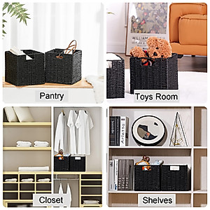 Vagusicc Wicker Storage Baskets, Set of 2 Hand-Woven Foldable Cube Storage Baskets with Handles 13 inches + Set of 3 Woven Paper Rope Handles Wicker Baskets for Storage with Liners