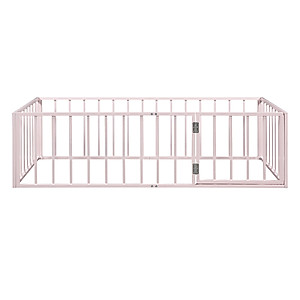Acosure Twin Size Metal Floor Bed Frame with Fence and Door, Versatile Montessori Beds,No Box Spring Needed,Easy to Install,for Kids,Boys,Girls,Pink