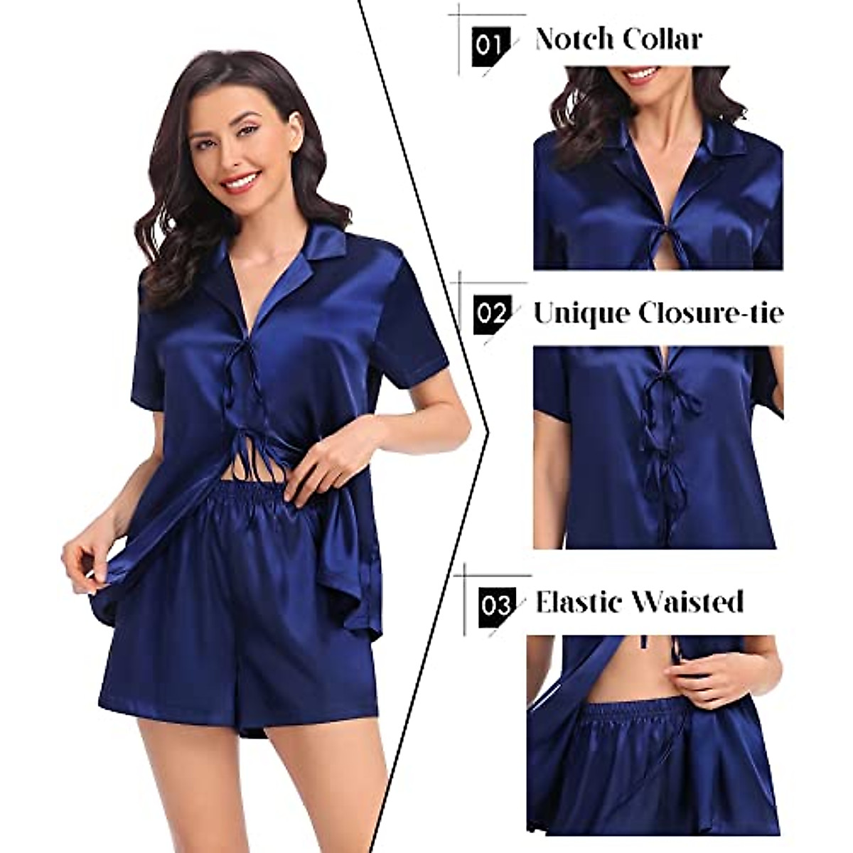 SWOMOG Womens Silk Satin Pajamas Sets Short Sleeve Sleepwear Tie Front PJs Sets Two-Pieces Loungewear