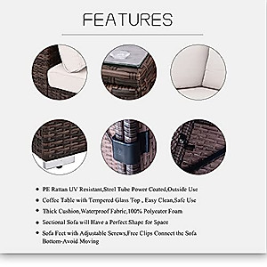 Polar Aurora 7 Pieces Outdoor Patio Sofa Set PE Rattan Wicker Sectional Furniture Outside Couch w/Washable Seat Cushions & Modern Glass Coffee Table