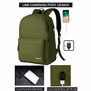 SUPACOOL Casual Laptop Backpack for Men and Women, Backpack for College, USB Charging Port, Lightweight Pack Back(Olive)
