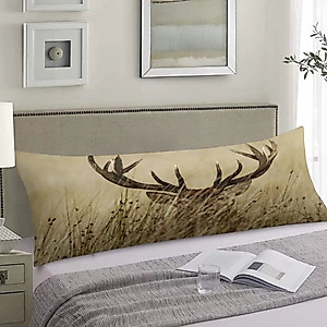 DINJUNA Antler Body Pillow Cover Whitetail Deer Fawn in Wilderness Stag in Countryside Rural Hunting Theme Long Pillow Case Protector Zipper Farmhouse Cushion Bed,Sofa 20''x54'' 6063-Y-004