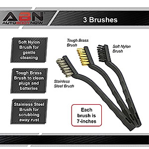 ABN 7in Mini Wire Detail Brush 3pc Set – Nylon, Brass, Stainless Steel – Metal Detail Brushes for Cleaning & Automotive
