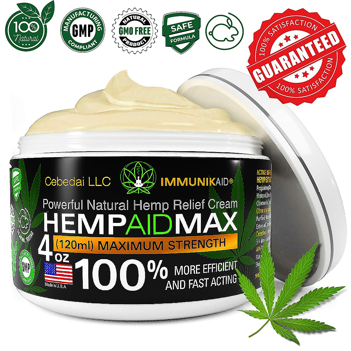 Instant Hemp Cream - Made in USA - Muscle, Foot, Shoulder, Neck, Joints and Back - Natural Hemp Oil Extract Moisturizing Gel, Lotion, Balm
